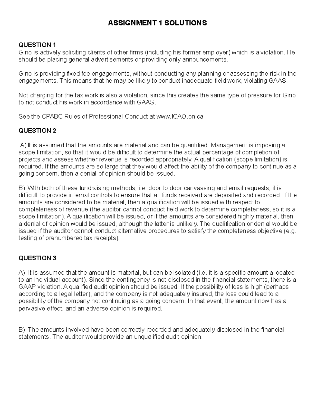 Assignment 1 Solutions - ASSIGNMENT 1 SOLUTIONS QUESTION 1 Gino is ...