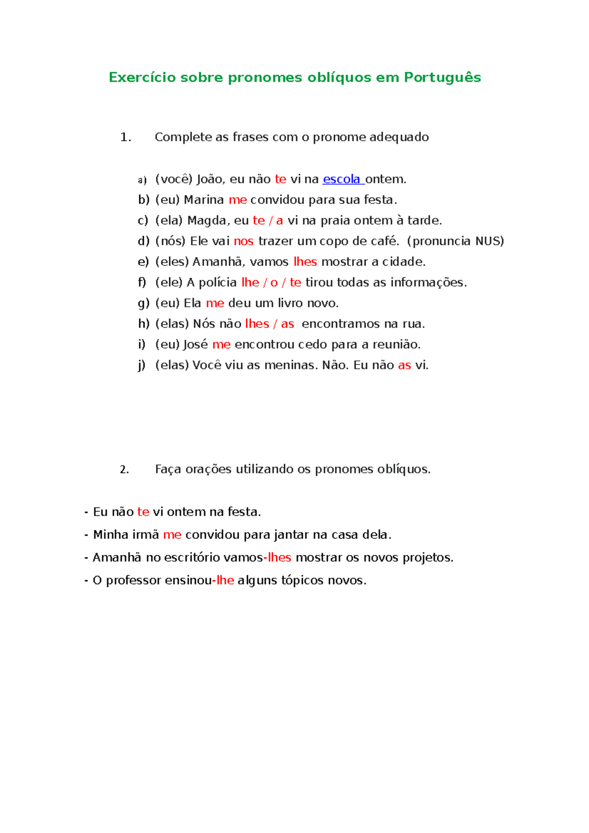 Exercícios Sobre Pronomes Oblíquos - BRAINCP