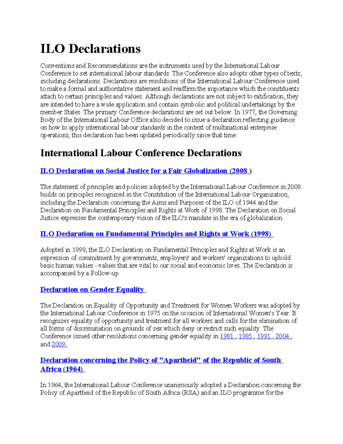 ILO Declarations - detailed - ILO Declarations Conventions and ...