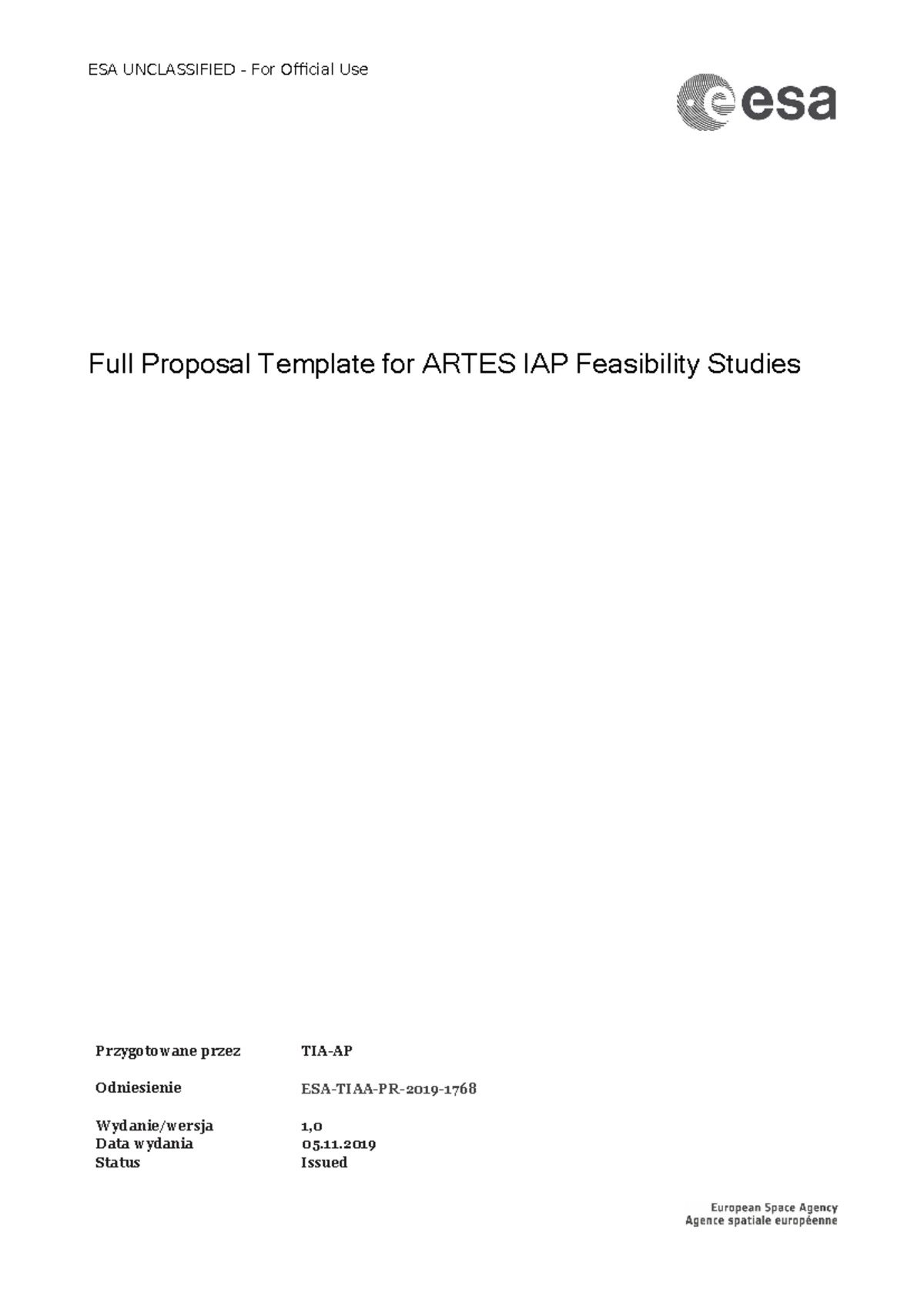 Feasilibity Study - zakres - ESA UNCLASSIFIED - For Official Use Full Proposal Template for ...