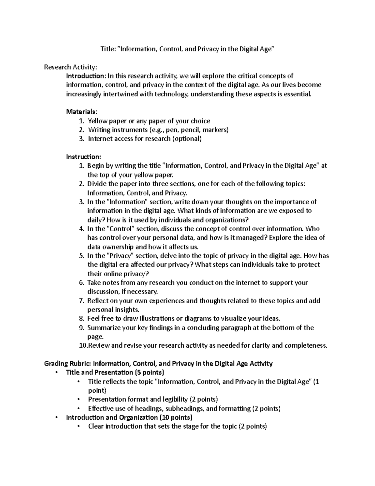 Activity in ICT Lesson 4 - Title: "Informa0on, Control, and Privacy in ...