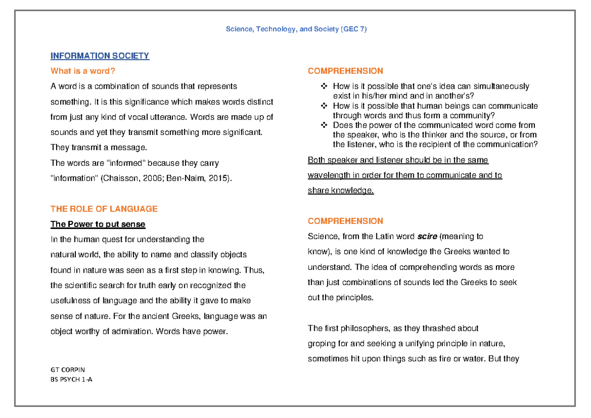 STS- Finals- Reviewer - GT CORPIN INFORMATION SOCIETY What is a word? A ...