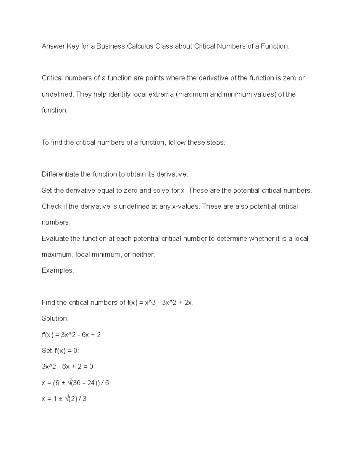 Answer Key for a Business Calculus Class about Critical Numbers of a ...
