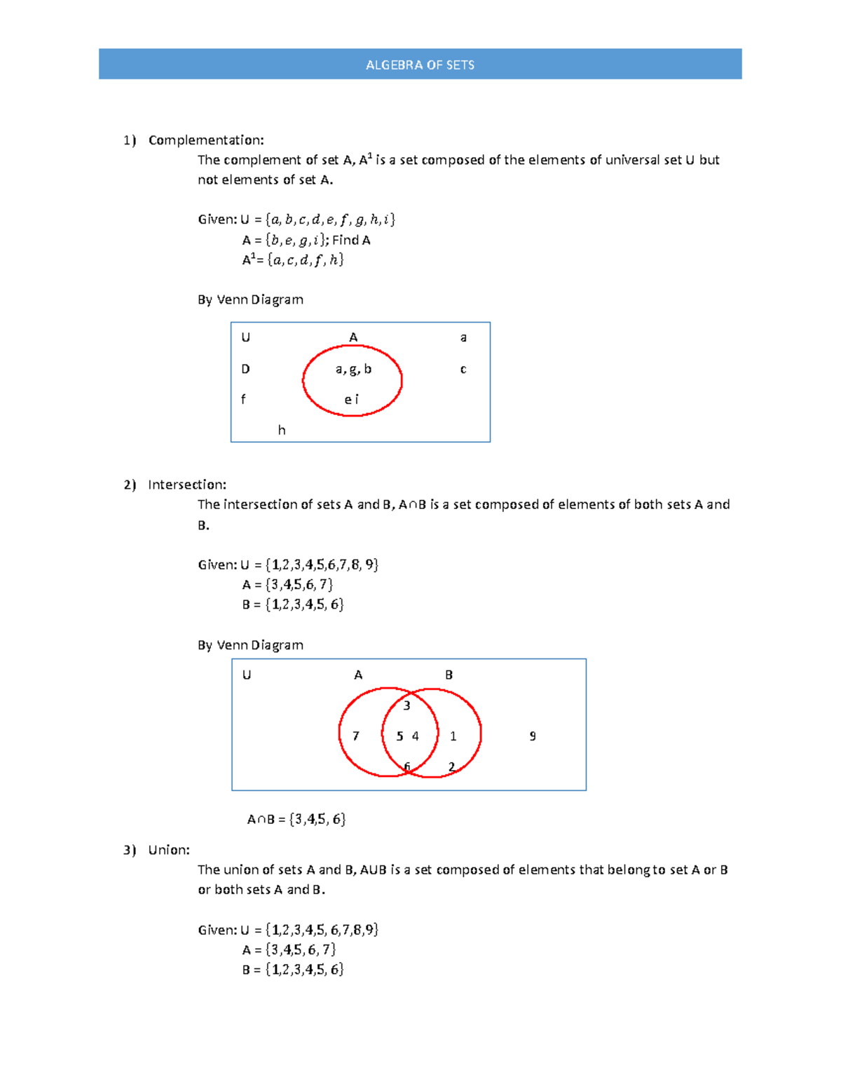 Algebra of sets EXAM - EXAM - ALGEBRA OF SETS Complementation: The ...