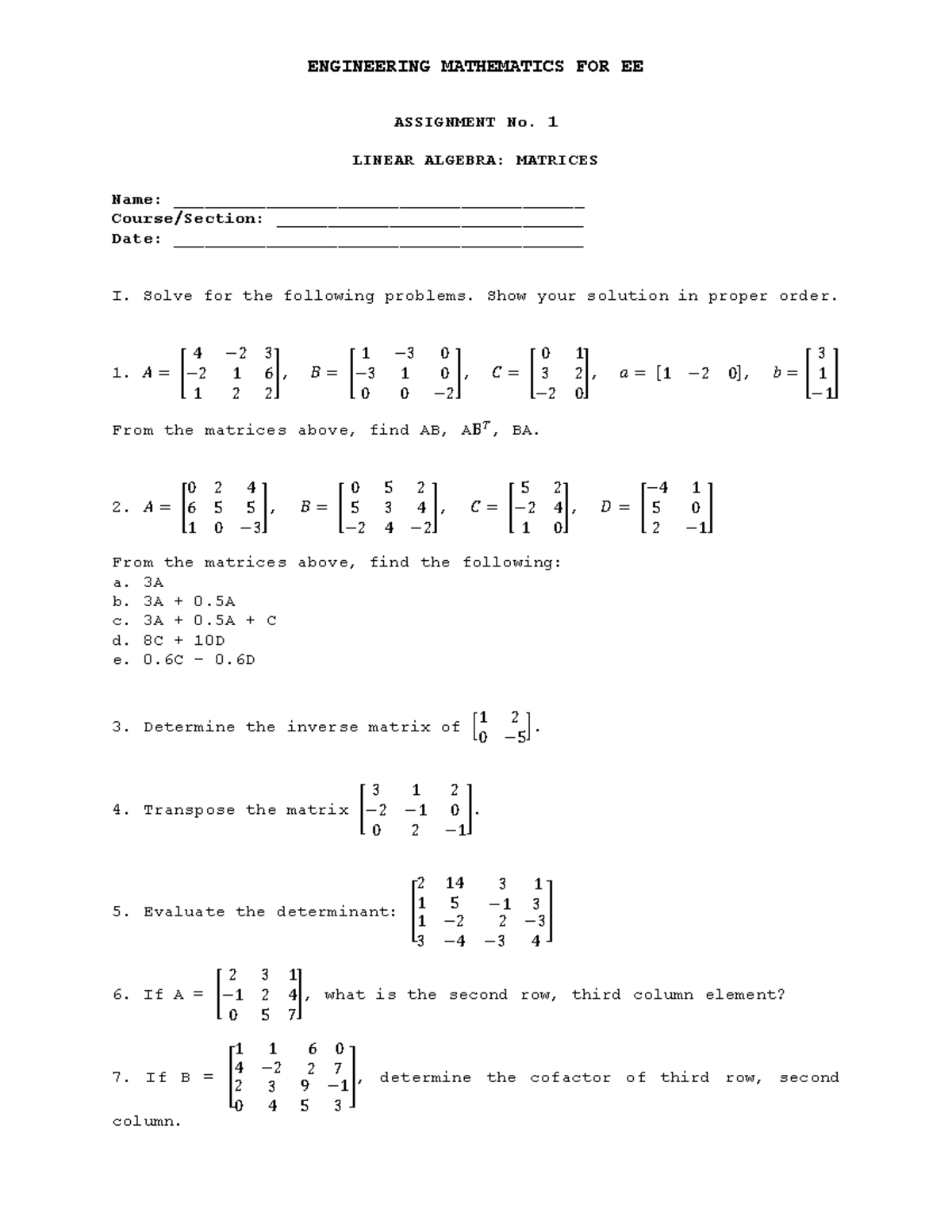 Assignment 1 Advanced MATH - ENGINEERING MATHEMATICS FOR EE ASSIGNMENT ...