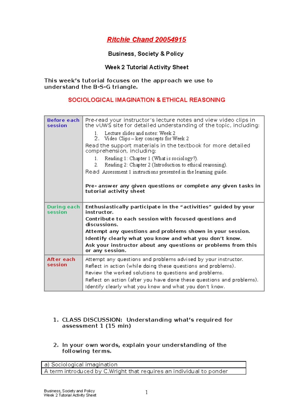 Week 2 Tutorial Activity Sheet - Ritchie Chand 20054915 Business ...