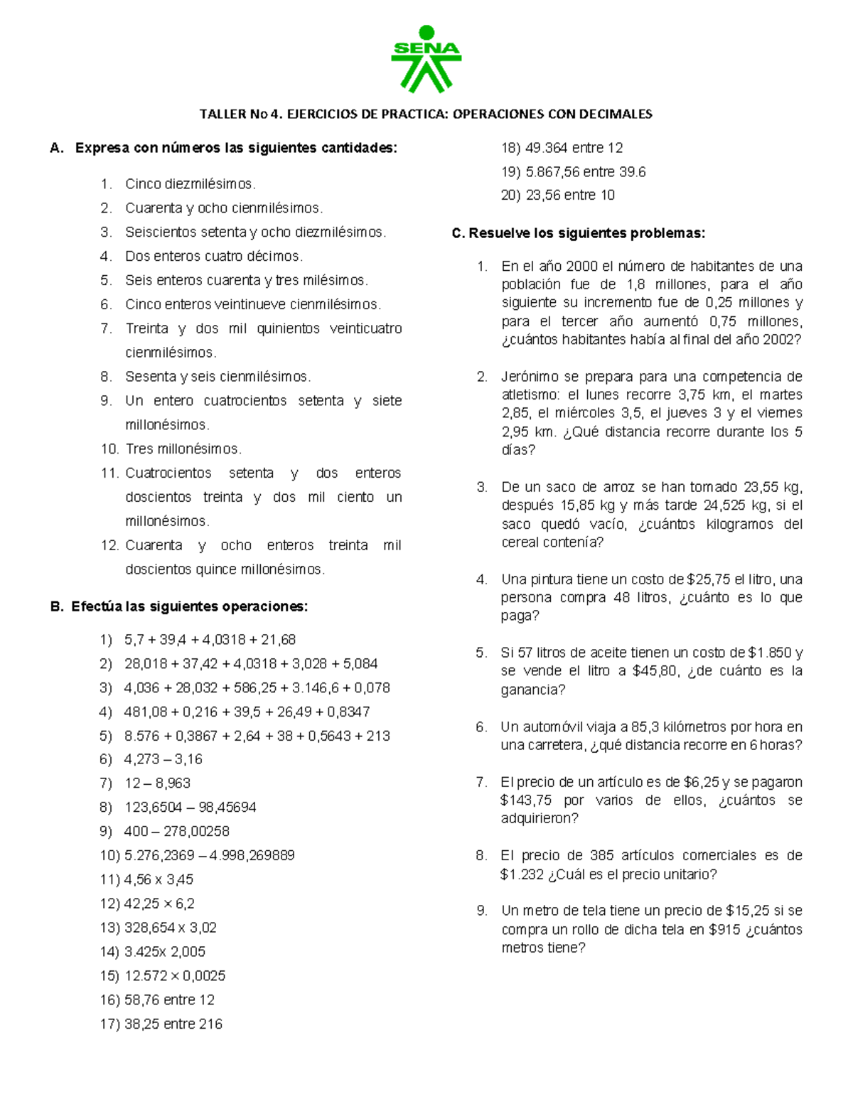 Anexo 4. Operaciones Práctica con Decimales - TALLER No 4. EJERCICIOS ...