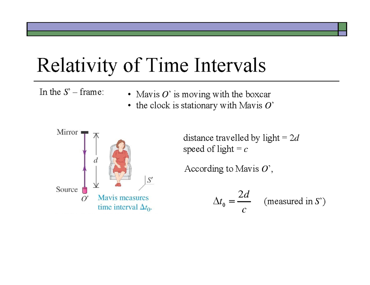 Lecture slides, lecture 18 - Chapter37 - Relativity of Time Intervals In the frame: Mavis is ...