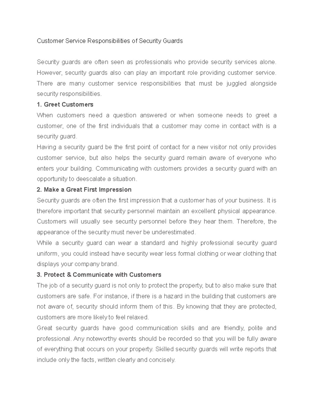 Customer Service Responsibilities of Security Guards - However ...