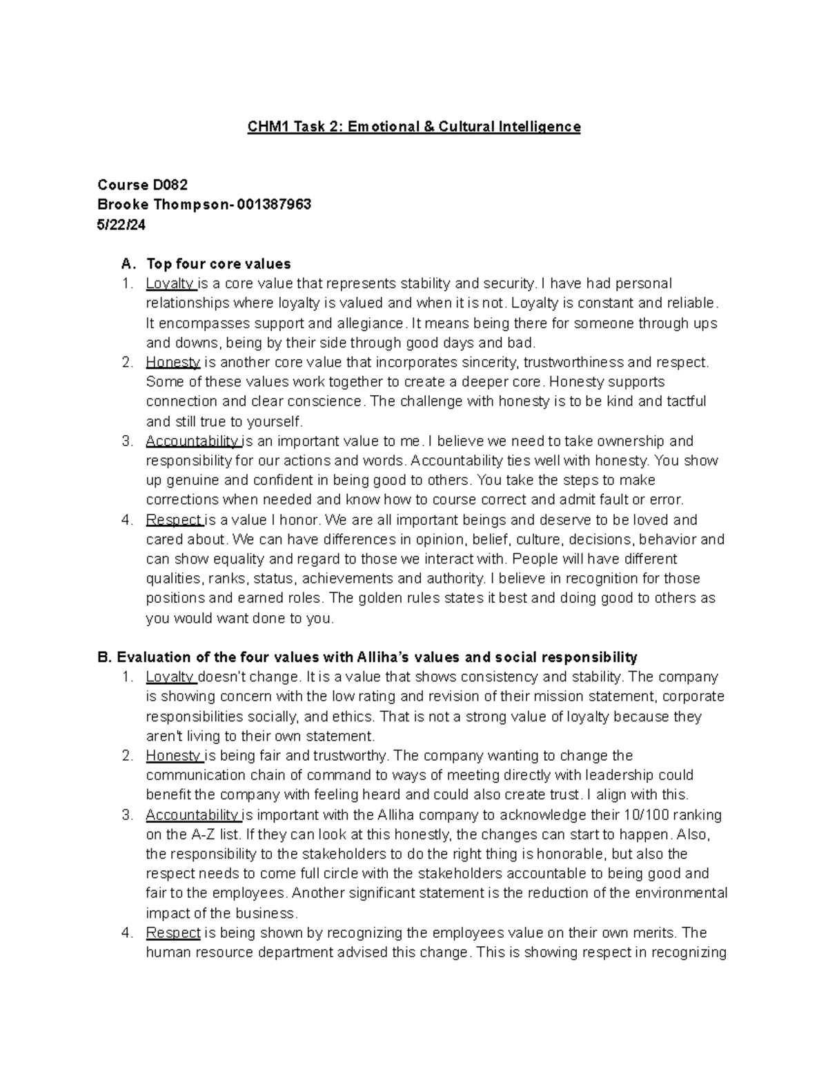CHM1 Task 2 Emotional and Cultural Intelligence - CHM1 Task 2 ...