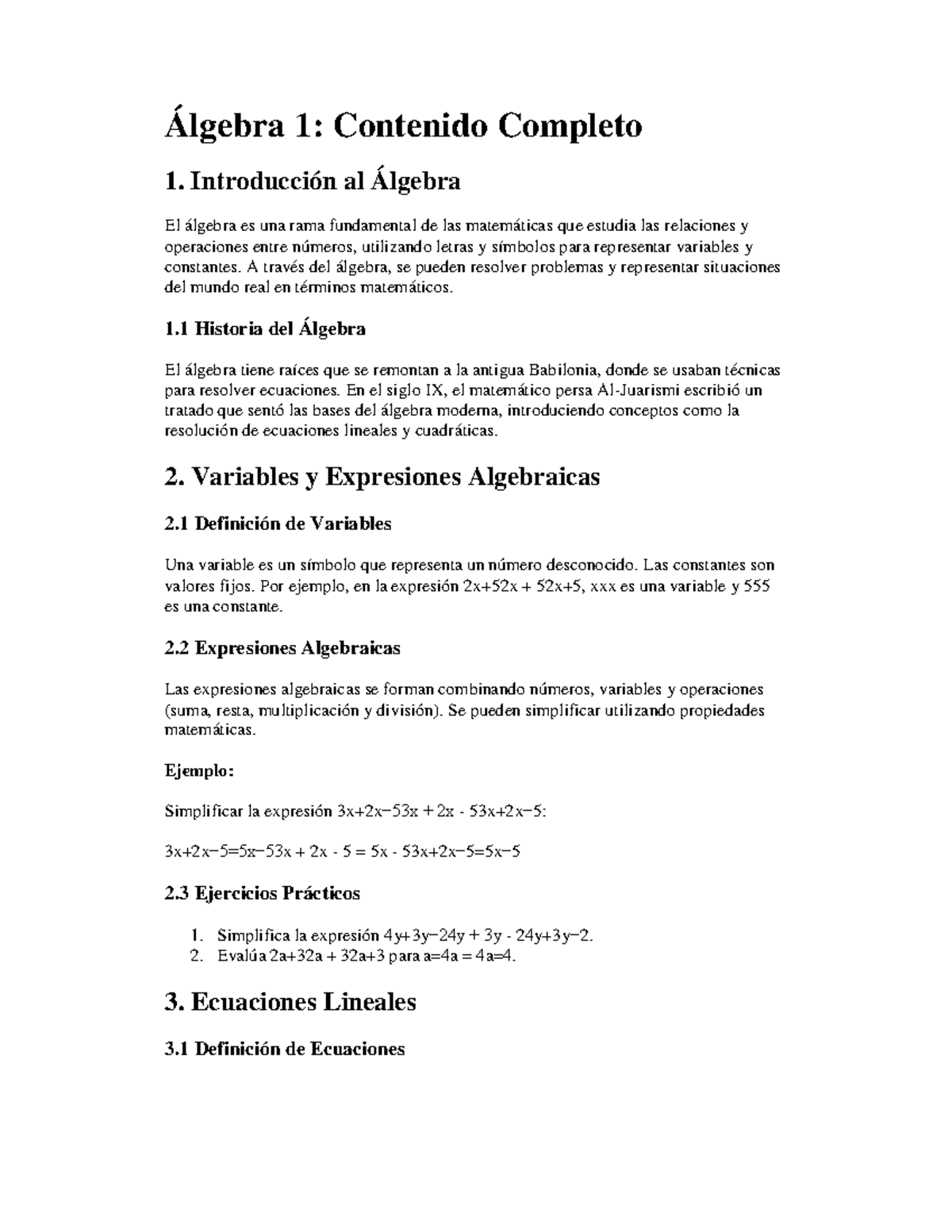 Pdf algebra 1 - Álgebra 1: Contenido Completo 1. Introducción al Álgebra El álgebra es una rama ...