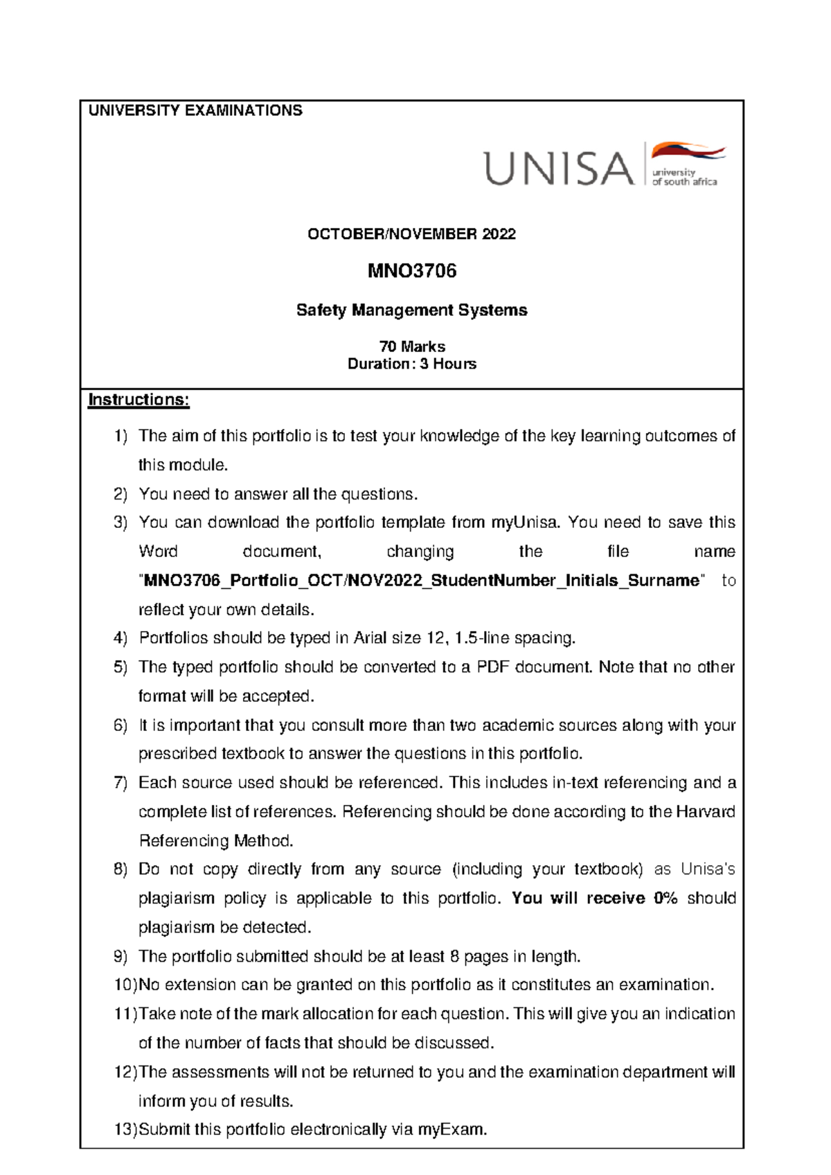 MN3706 Take Home Exam Oct 2022 - UNIVERSITY EXAMINATIONS OCTOBER ...
