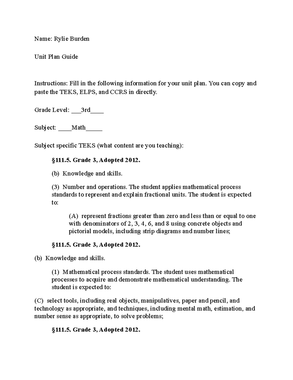 Unit plan - Unit plan - Name: Rylie Burden Unit Plan Guide Instructions ...