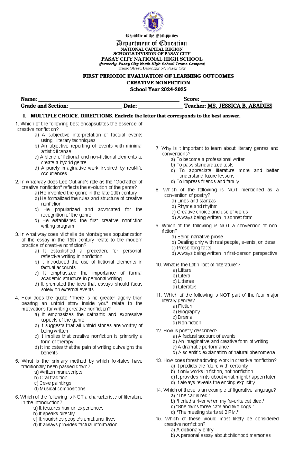 CNF First Periodic EXAM 24-25 - Which of the following best ...