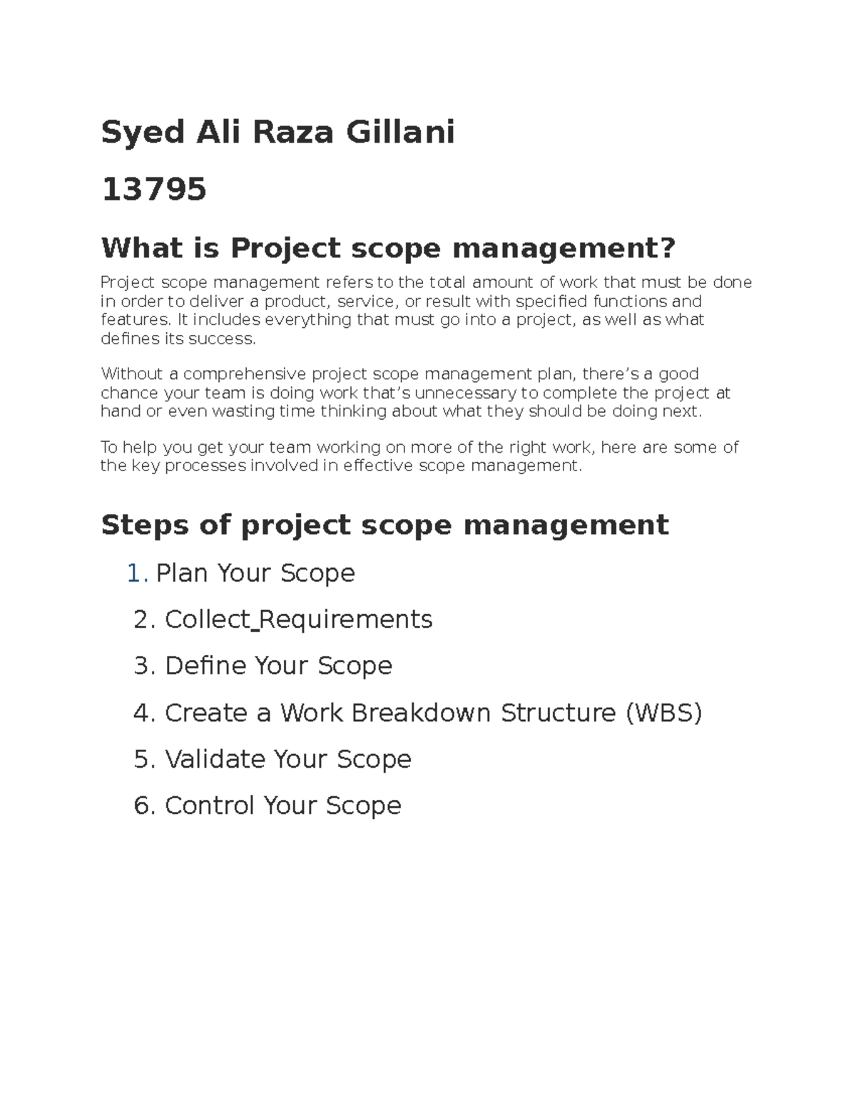 Handout - project scope management - Syed Ali Raza Gillani 13795 What ...