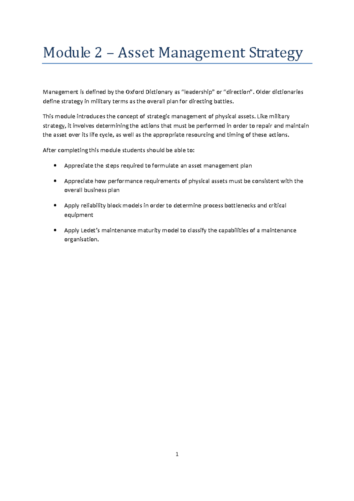 Module 2 Strategy - Lecture notes 2,3 - Module 2 – Asset Management ...