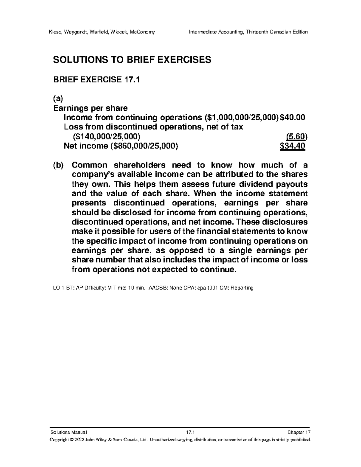 Ch17Exercise Solutions 13ce(Dec6 22) - Solutions Manual 17 Chapter 17 SOLUTIONS TO BRIEF ...