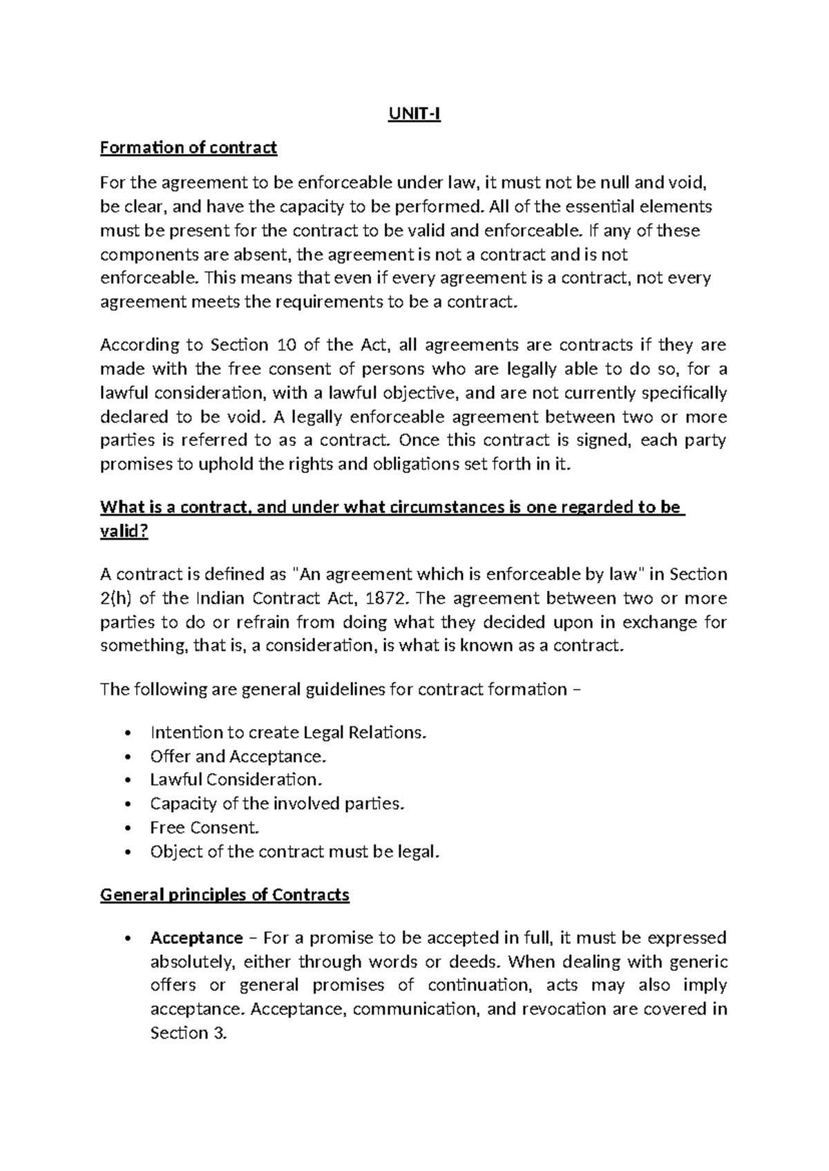 Contract 1 Unit-I - Useful notes - UNIT-I Formation of contract For the ...