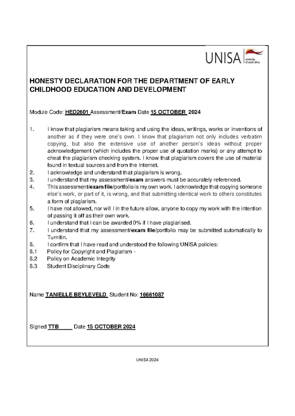 HED2601 assignment answers - HONESTY DECLARATION FOR THE DEPARTMENT OF EARLY CHILDHOOD EDUCATION ...