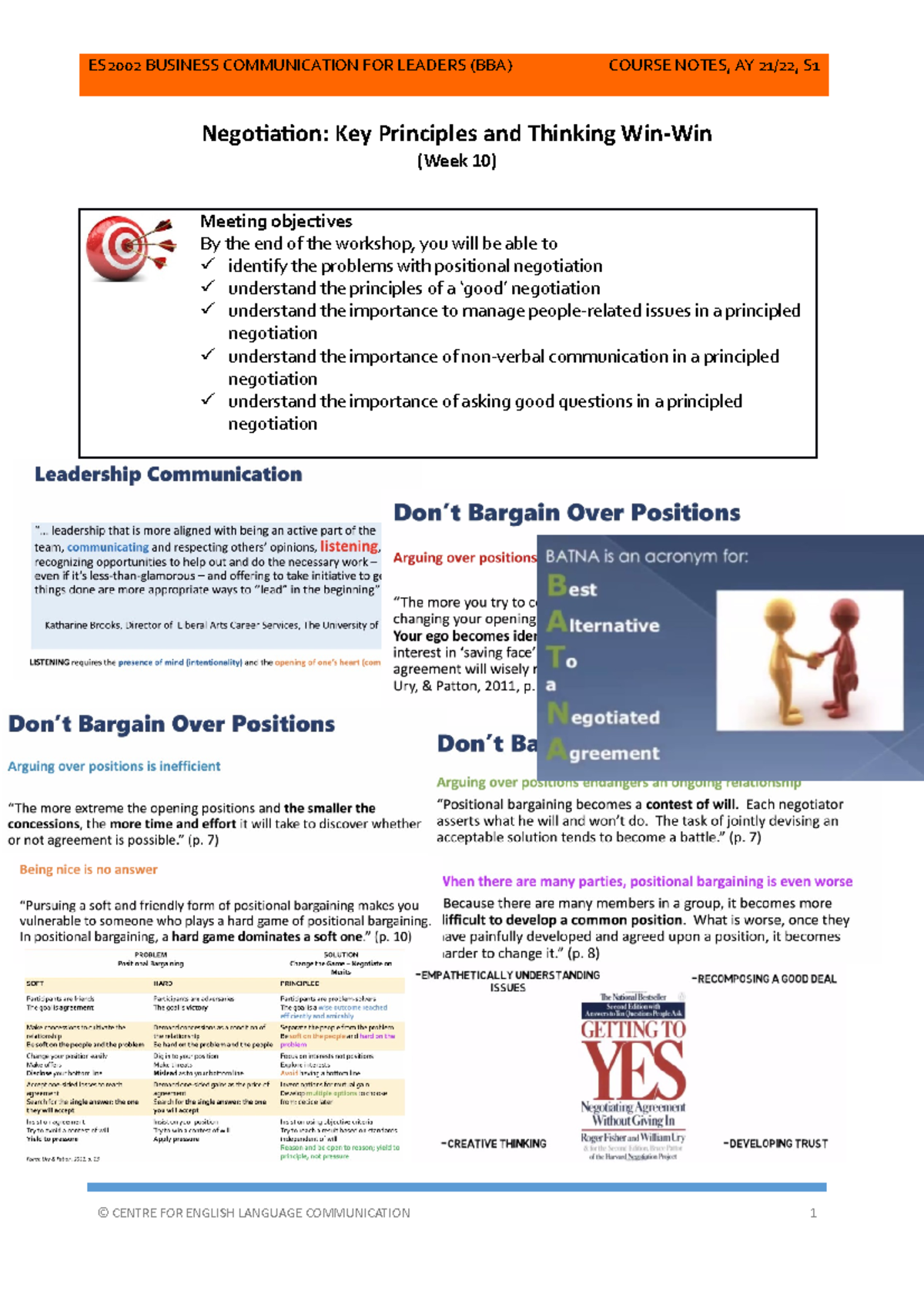 Week 10 Students' Notes AY2021-22 S1 - Negotiation: Key Principles and ...