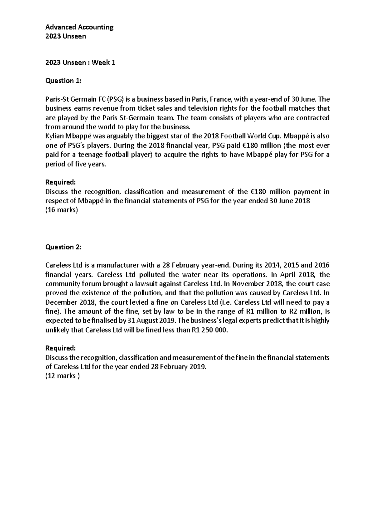 2023 Week 1 Unseen Question - Advanced Accounting 2023 Unseen 2023 Unseen : Week 1 Question 1 ...