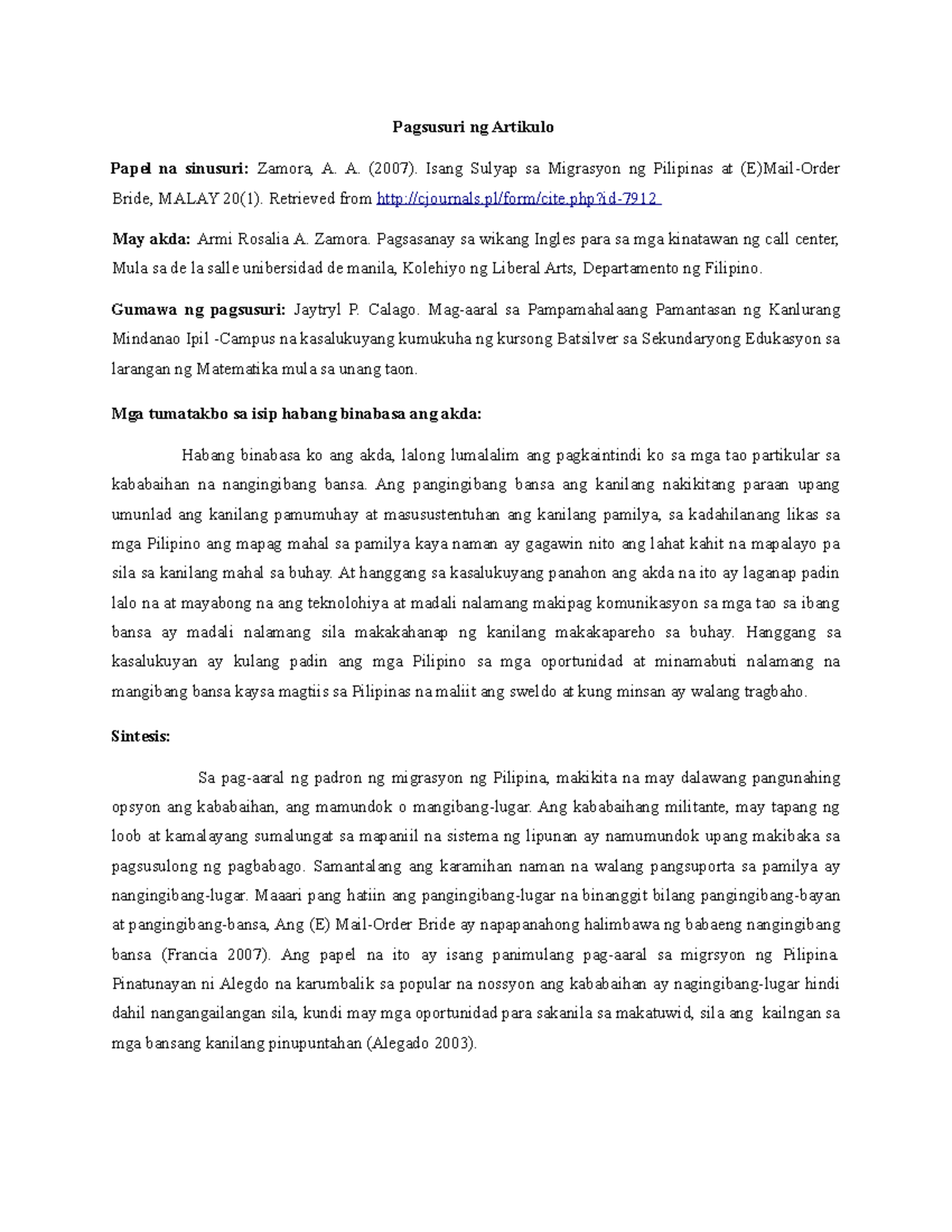 Gawain - Student - Pagsusuri ng Artikulo Papel na sinusuri: Zamora, A ...