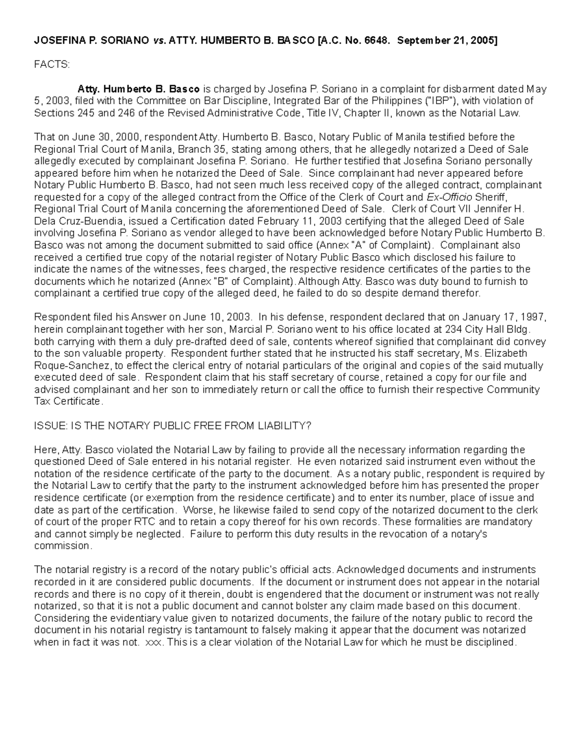 373310117 Soriano vs Basco - JOSEFINA P. SORIANO vs****. ATTY. HUMBERTO ...