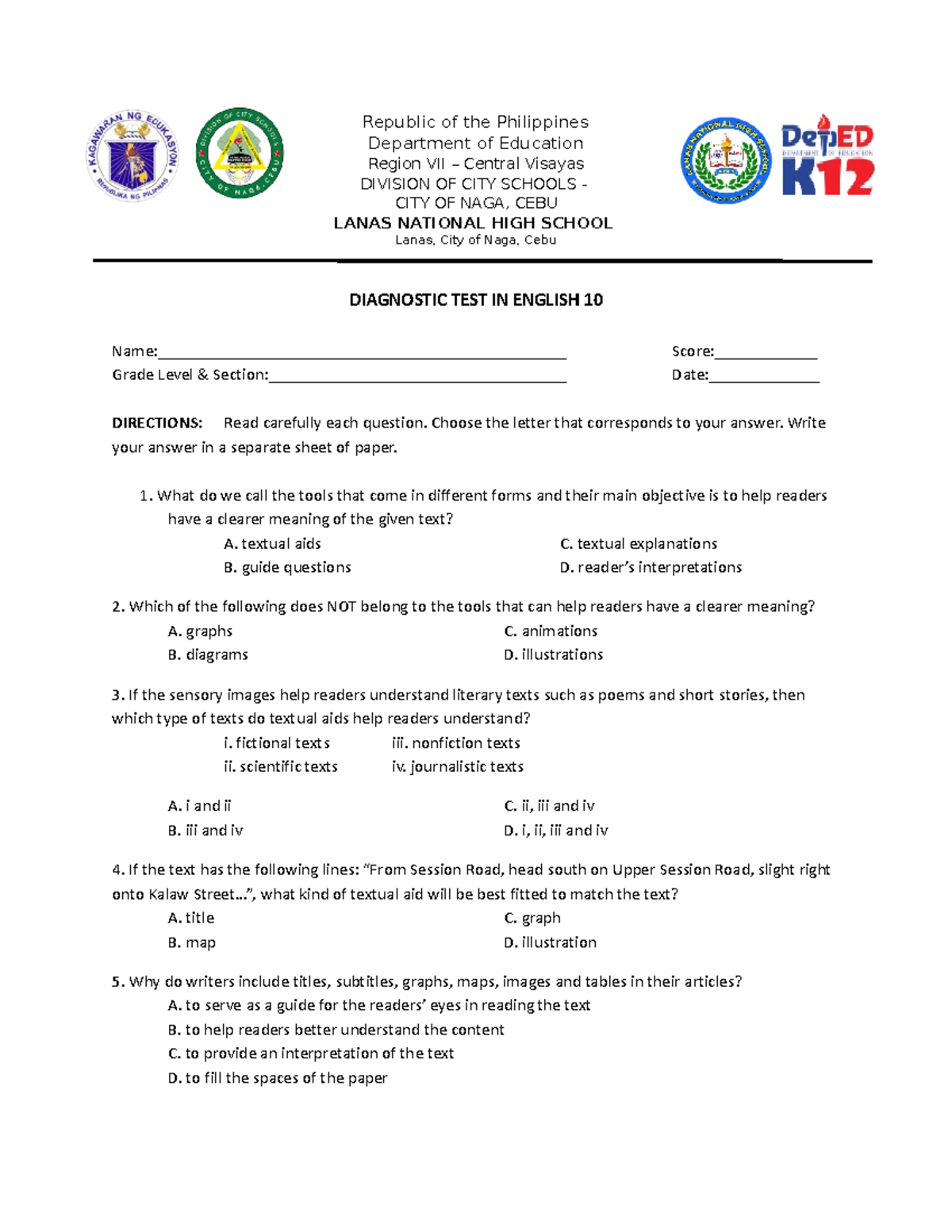 Diagnostic TEST IN English 10 - Republic of the Philippines Department ...