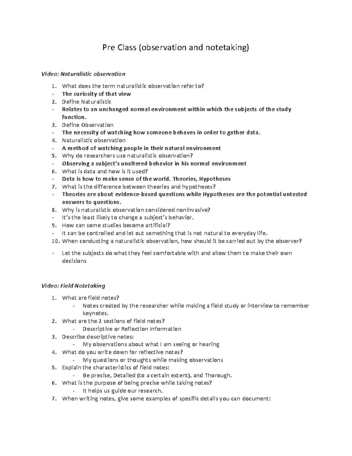 Pre Class (observation and notetaking) - Define Observation The ...