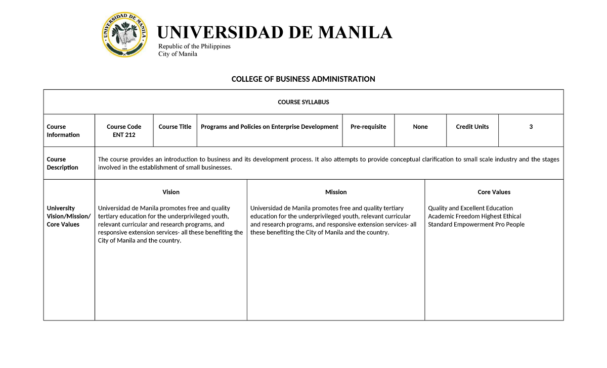 Sample Syllabus 62 - Republic of the Philippines City of Manila COLLEGE ...