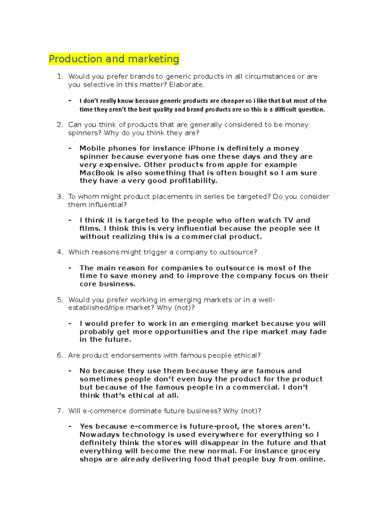 Conversation Test - Possible Questions - 2223 - Production and ...