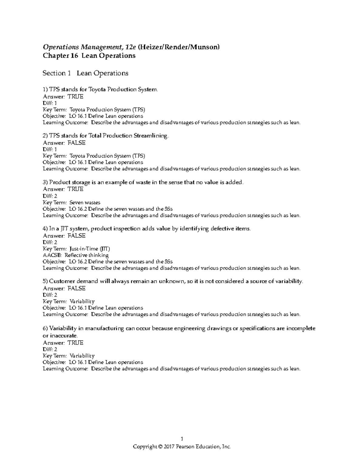 Chapter 16 - Operations Management, 12e (Heizer/Render/Munson) Chapter 16 Lean Operations ...