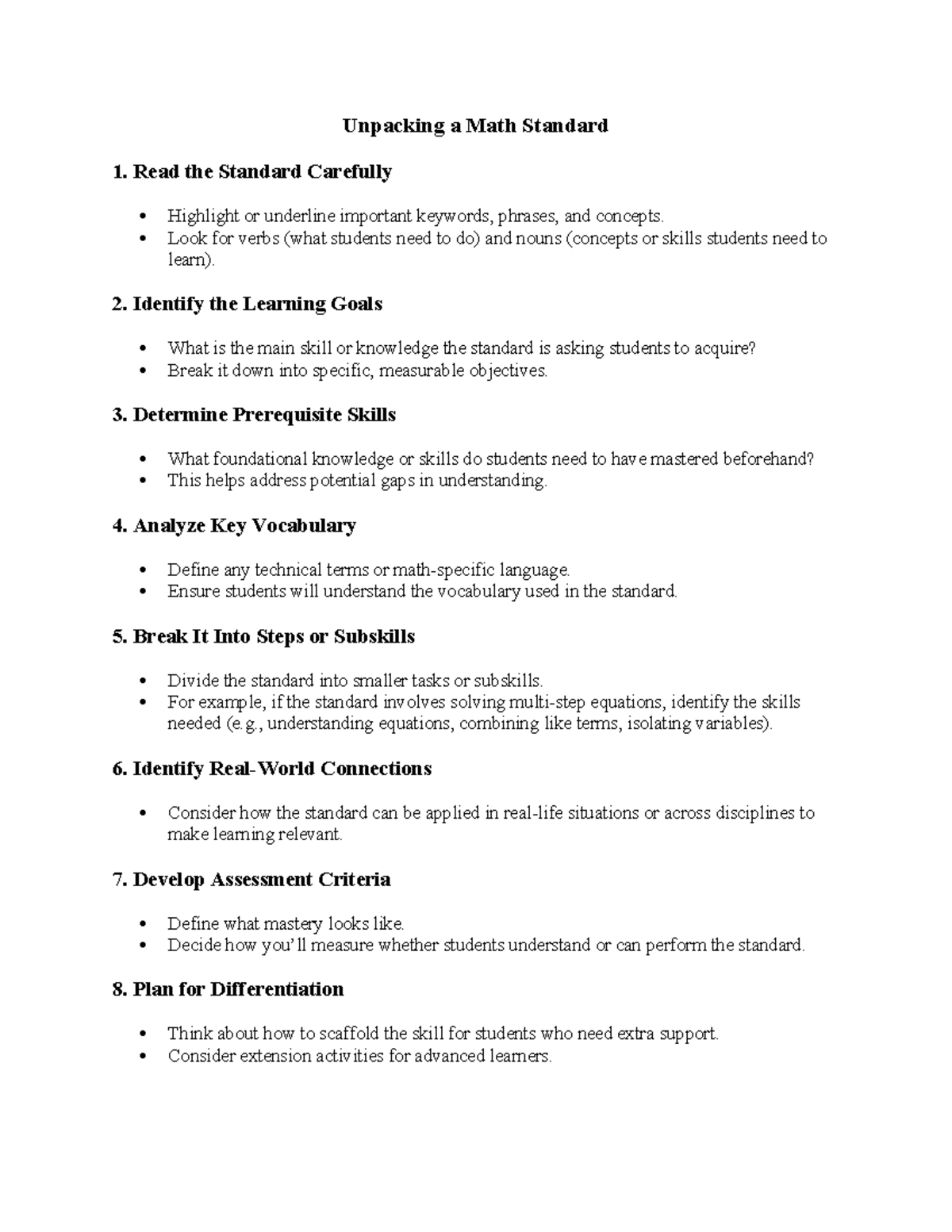 Unpacking a Math Standard Steps - Unpacking a Math Standard 1. Read the ...