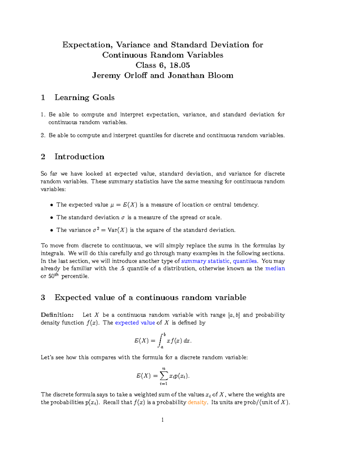 Expectation, Variance and Standard Deviation for Continuous Random ...