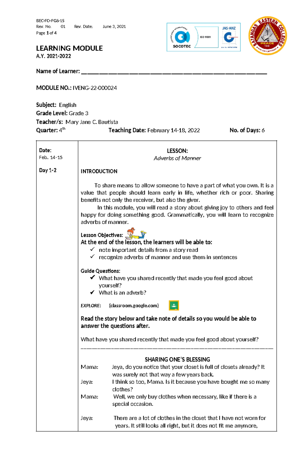 English 3 WEEK 24 Module - Rev. No. 01 Rev. Date: June 3, 2021 Page 1 ...