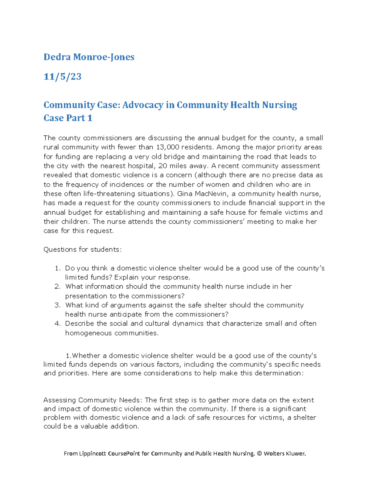 Community Case- Advocacy in Community Health Nursing Case Part 1 ...