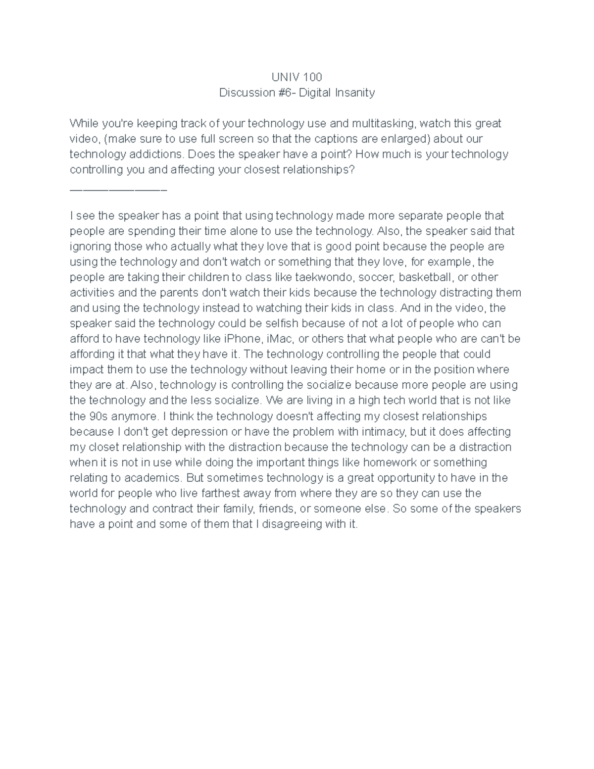 UNIV 100 Discussion #6 - Professor: Debbi Mercado Fall 2019 - UNIV 100 ...