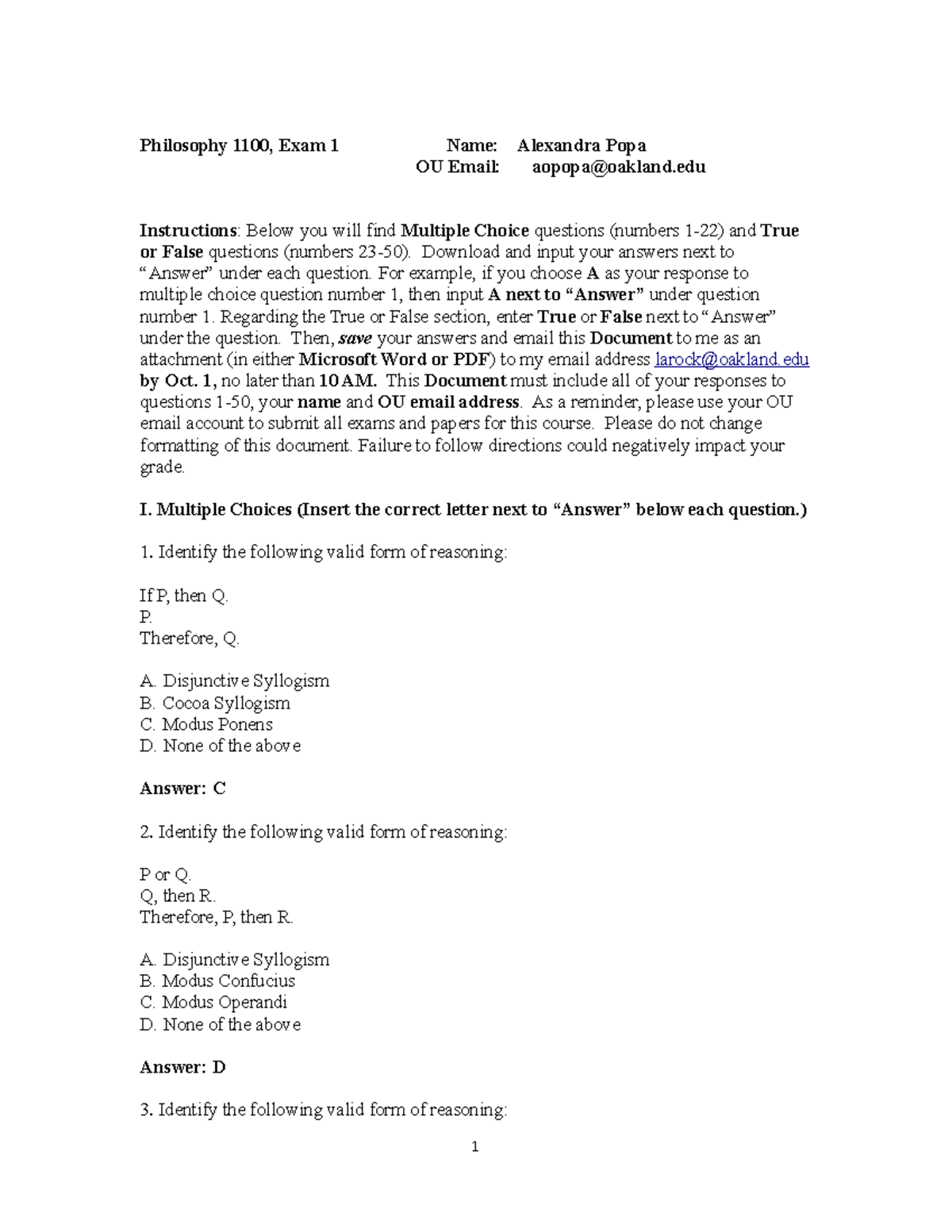 PHL1100: Exam 1 - Philosophy 1100, Exam 1 Name: Alexandra Popa OU Email: aopopa@oakland ...