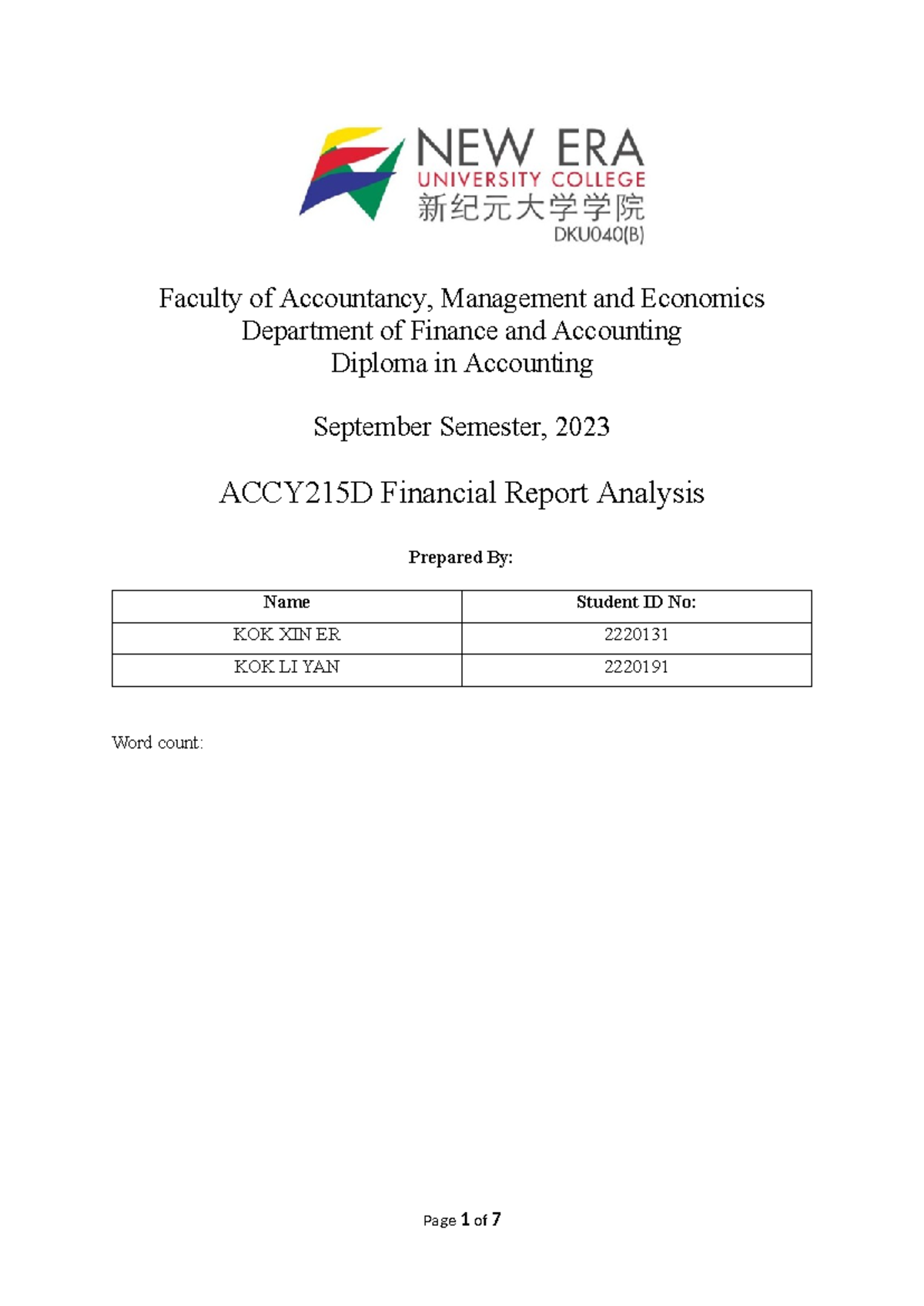 Assignment Financial Report Analysis 2 - Faculty of Accountancy ...