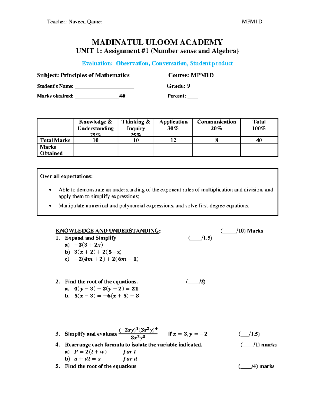 MUA MPM1D Grade 9 2020/21 Math Assignment number 1 questions to answer ...