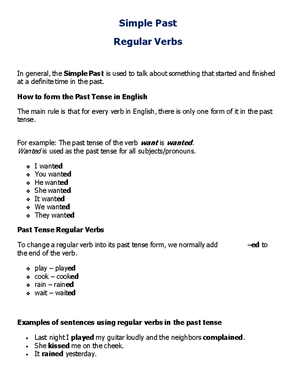 Simple Past- Regular Verbs - Simple Past Regular Verbs In general, the ...