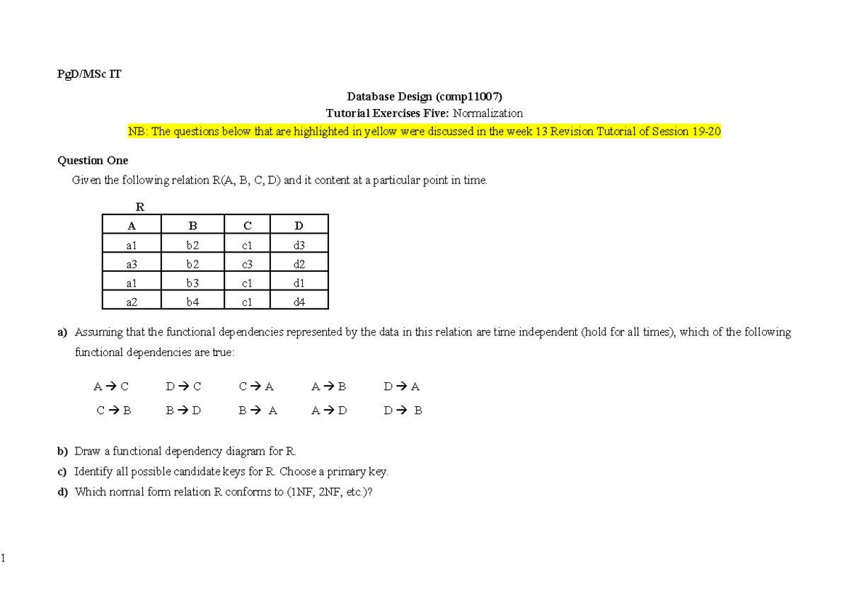 (JF) Tutorial 5 on Normalisation 27Nov2017 amended on 28Nov2020 - PgD/MSc IT Database Design ...