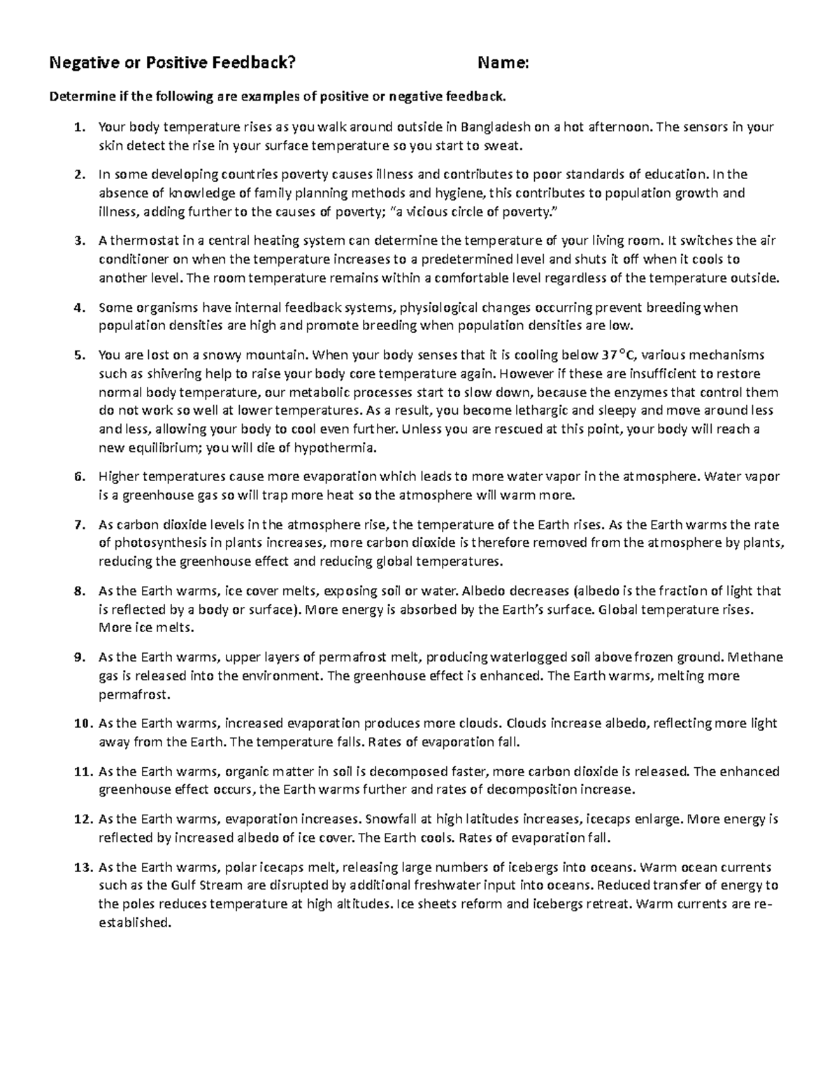 Negative or Positive Feedback Activity - Negative or Positive Feedback ...