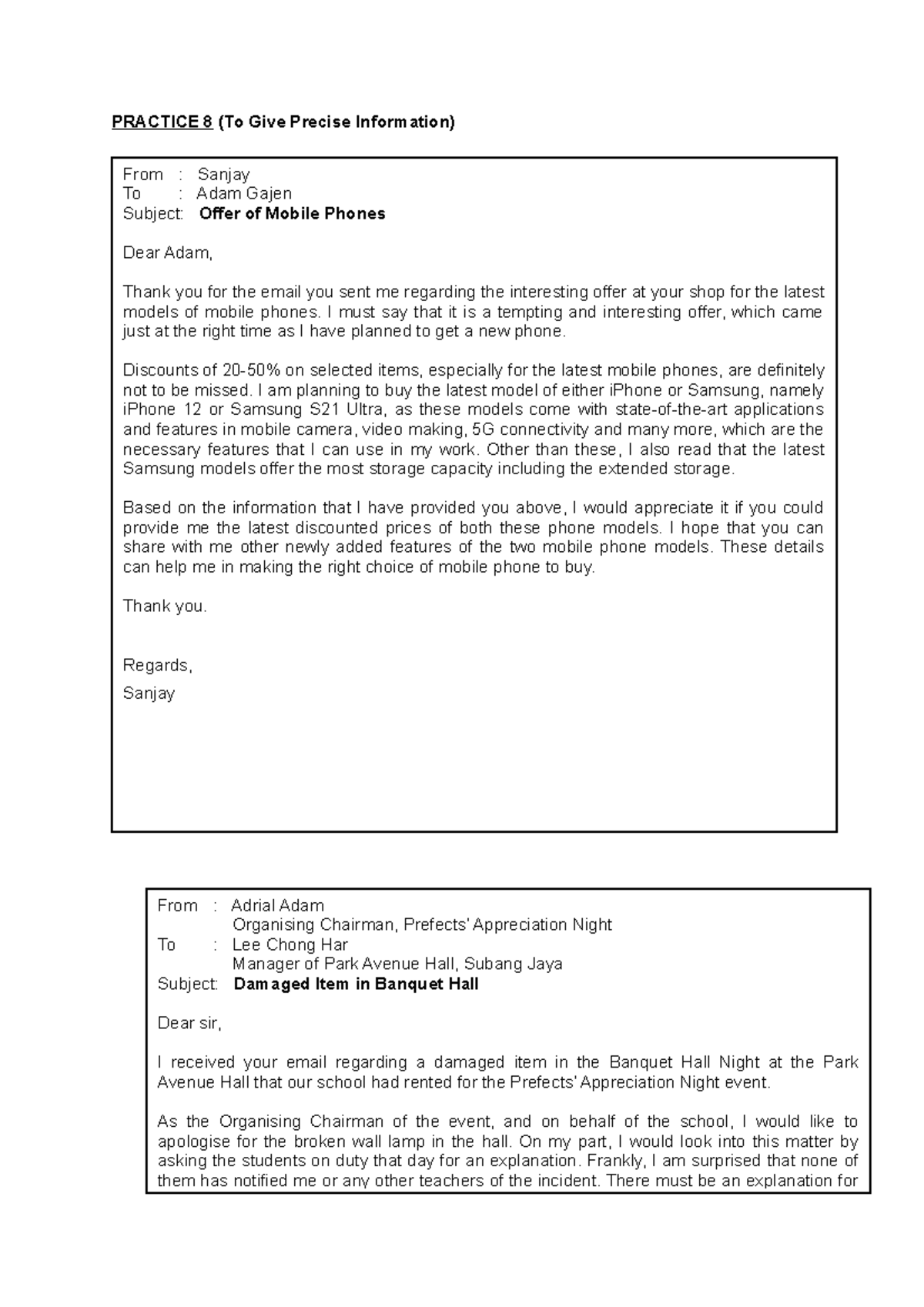 Sample Reply Email ( Practice 8) - PRACTICE 8 (To Give Precise ...