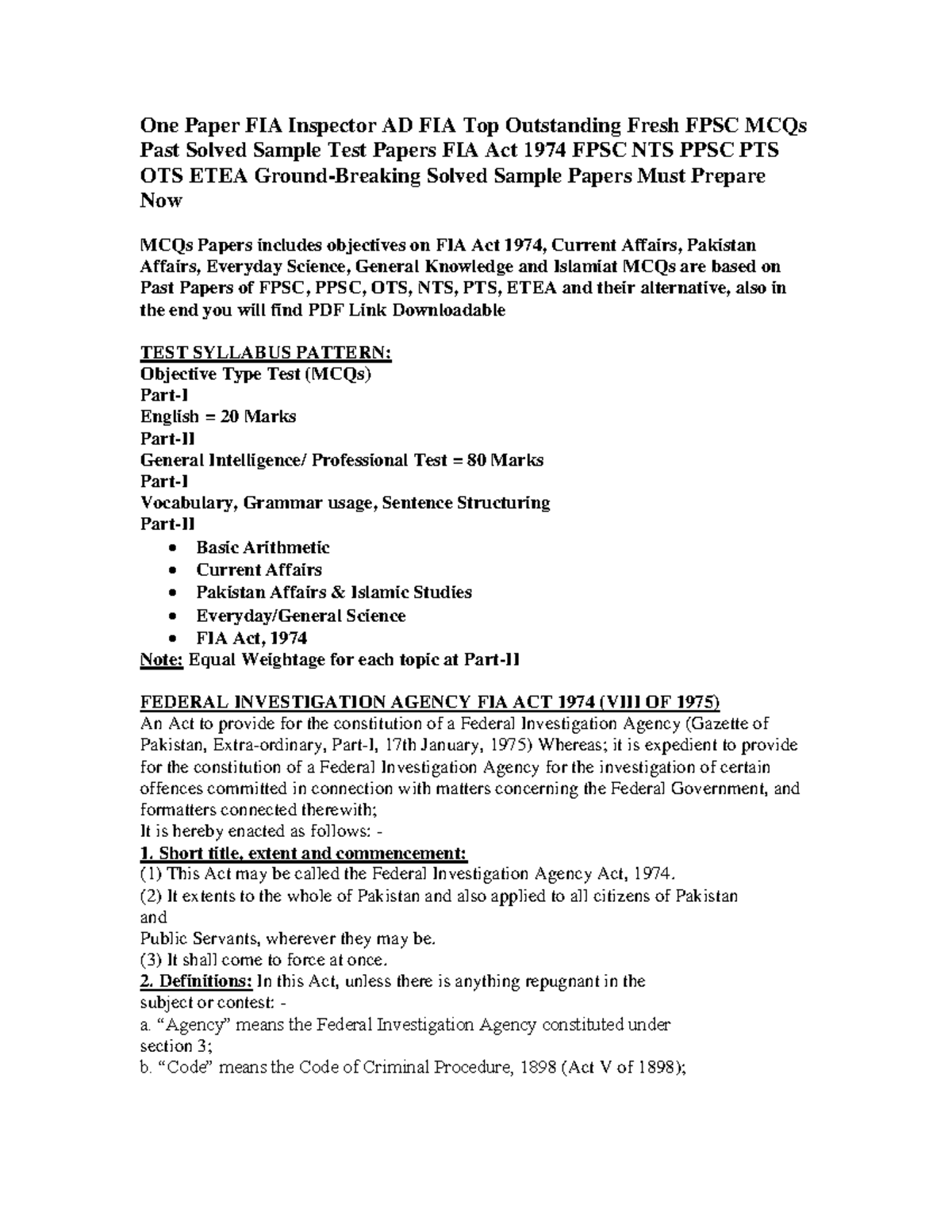 FPSC One MCQs Paper FIA Inspector AD FIA Top Outstanding Fresh FPSC ...