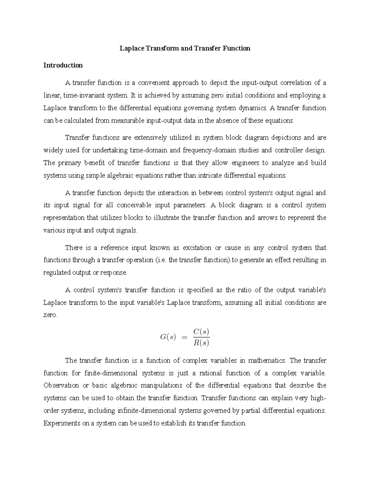 Laplace Transform and Transfer Function - Laplace Transform and Transfer Function Introduction A ...