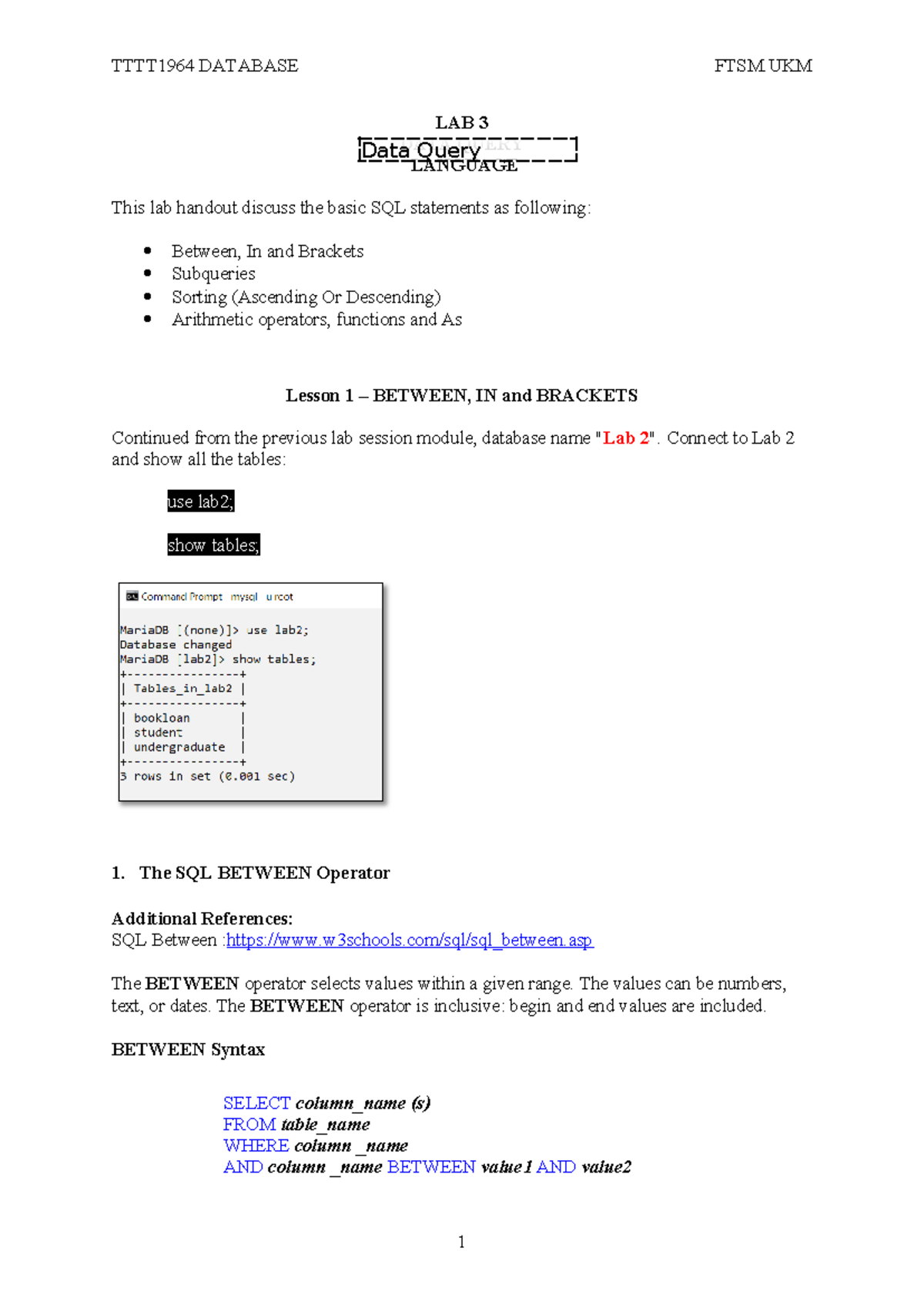 [Student] LAB 3 DATA Query Language - LAB 3 DATA QUERY LANGUAGE This lab handout discuss the ...
