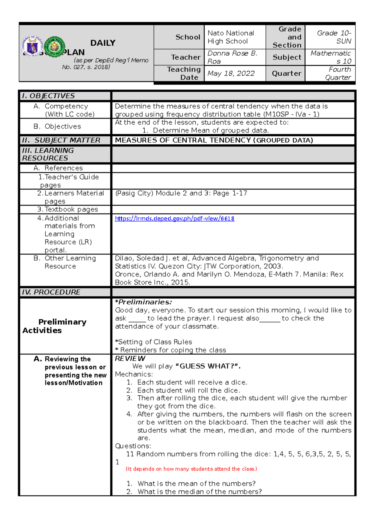 Final Daily Lesson PLAN - DAILY LESSON PLAN (as per DepEd Reg’l Memo No ...
