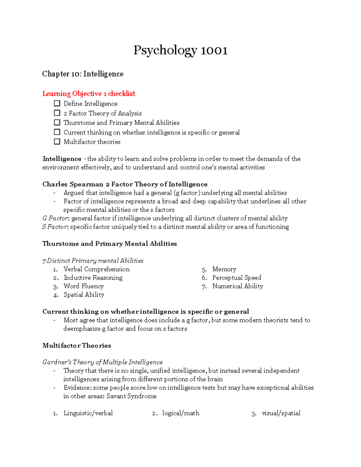 Psychology 1001 - Chpater 10 - Psychology 1001 Chapter 10: Intelligence ...