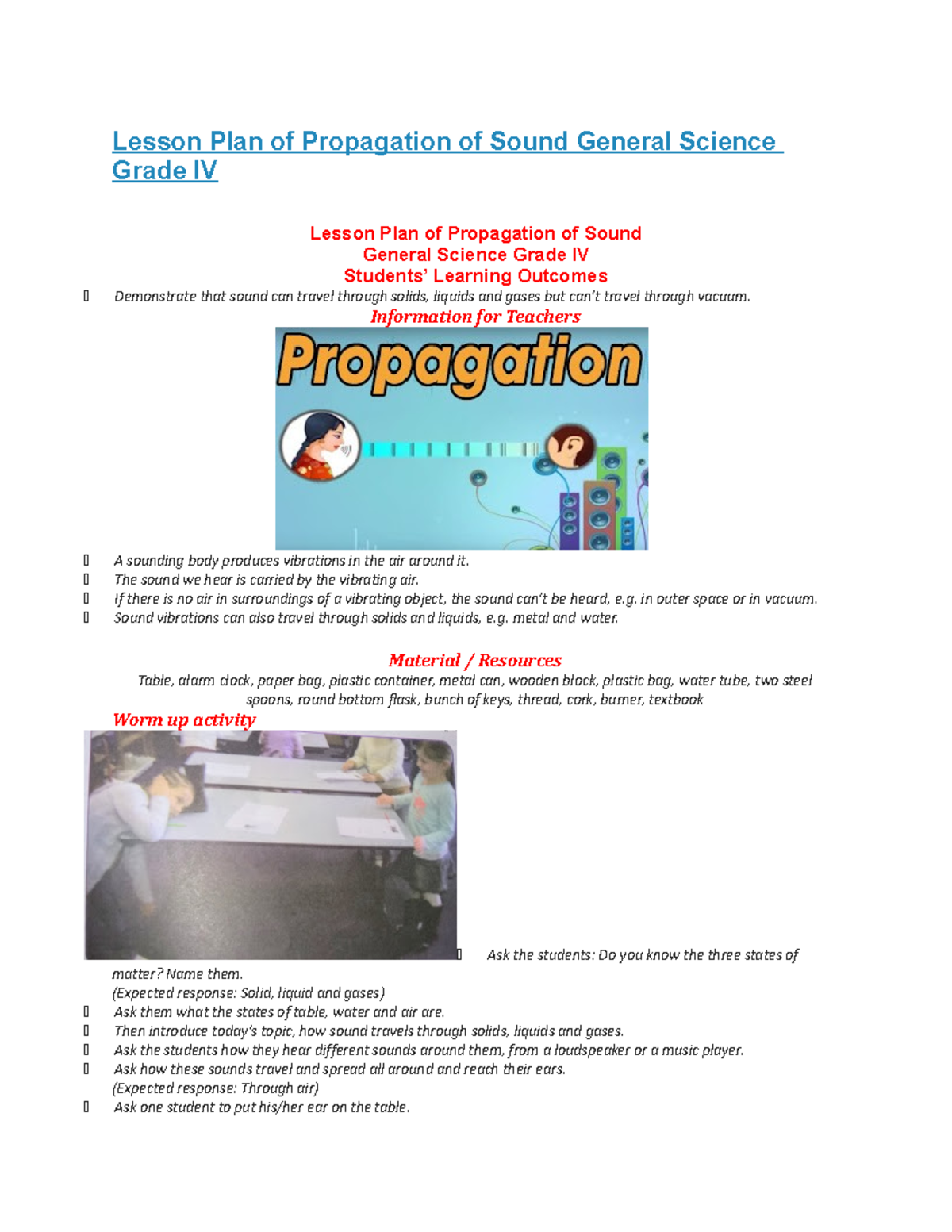 Lesson Plan of Propagation of Sound General Science Grade IV - Lesson ...
